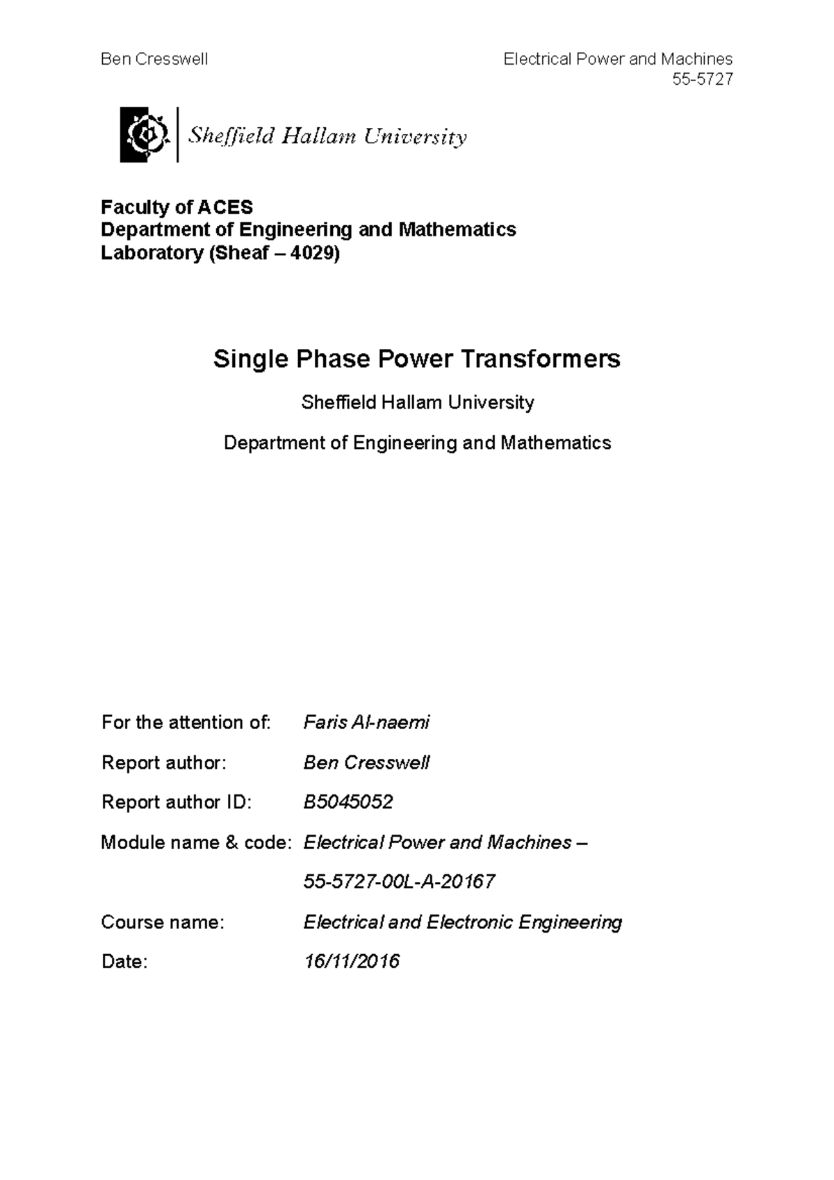 Single Phase Power Transformer Lab Report - Ben Cresswell Electrical ...