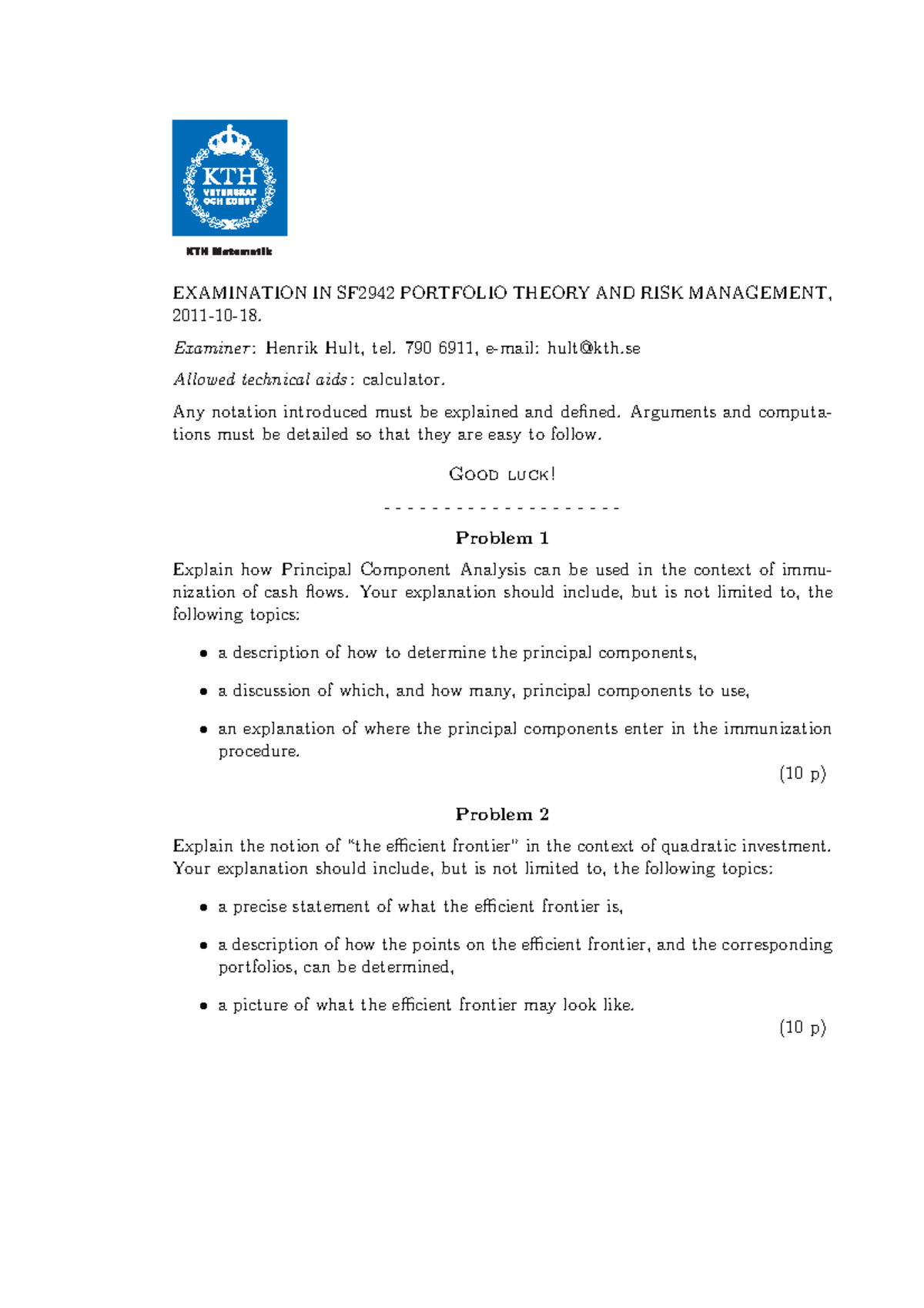 2011 10 18 tenta - SF2942 - KTH - Studocu