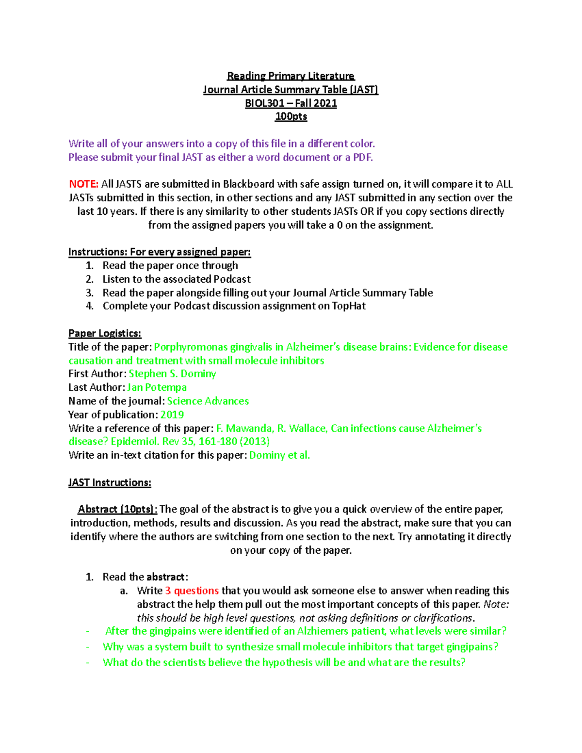 Jast Alzheimers - break down of assigned paper - Reading Primary ...