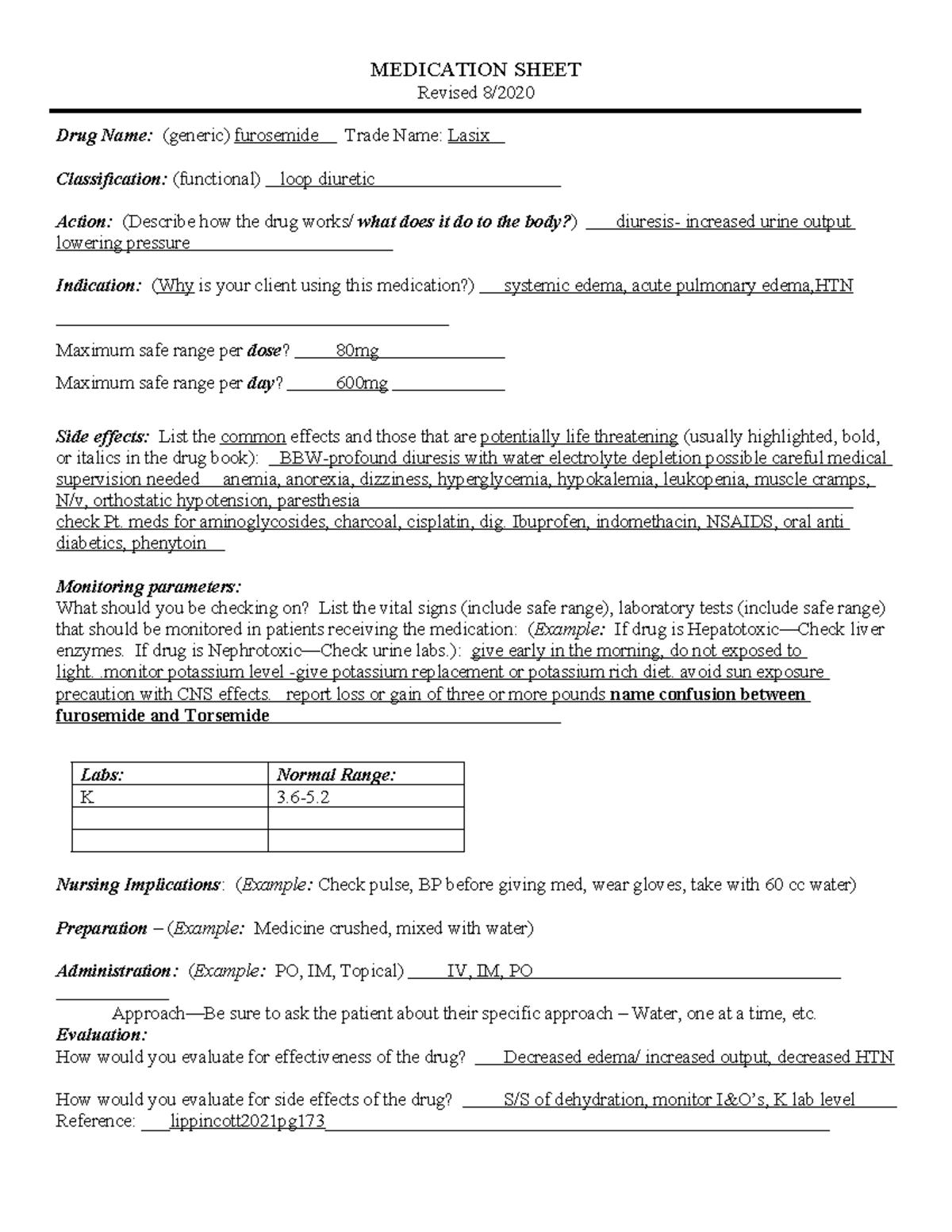 Furosemide : Lasix - MEDICATION SHEET Revised 8/ Drug Name: (generic ...