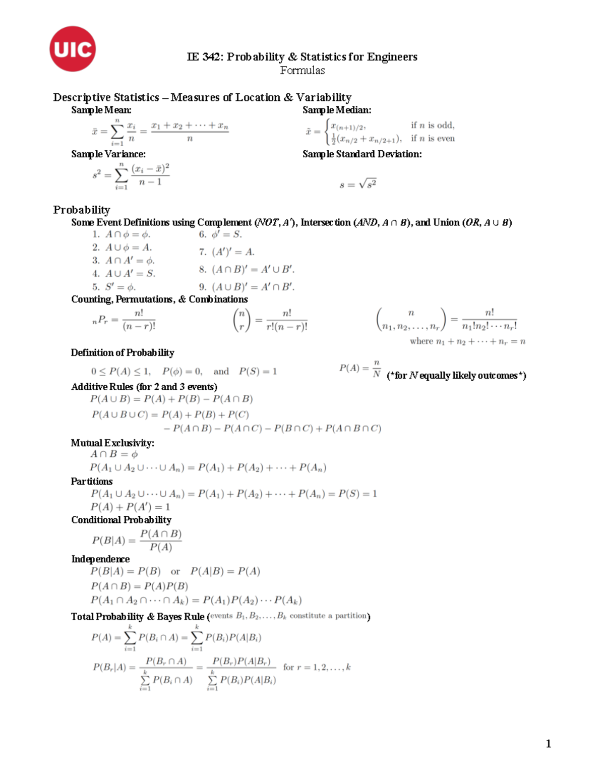 Formulas Tables Final - IE 342: Probability & Statistics for Engineers ...