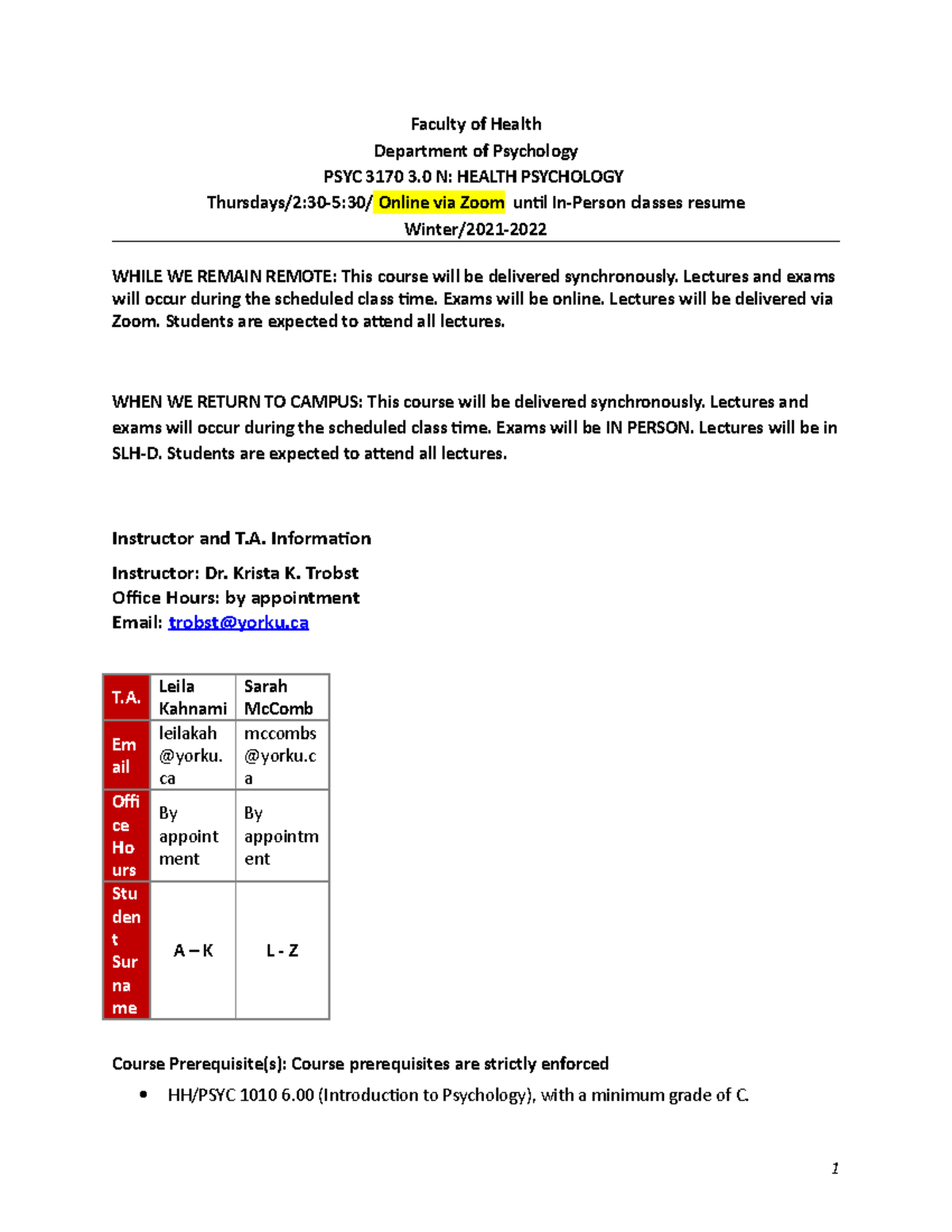 Syllabus - Faculty of Health Department of Psychology PSYC 3170 3 N ...