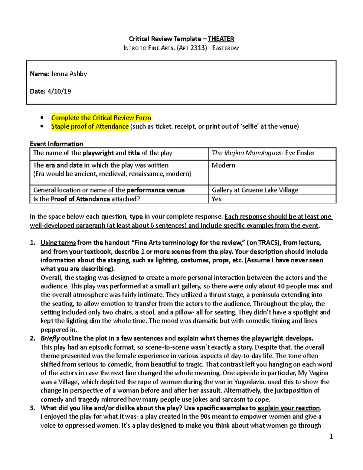 Theater Art Review Form - Critical Review Template – THEATER INTRO TO ...