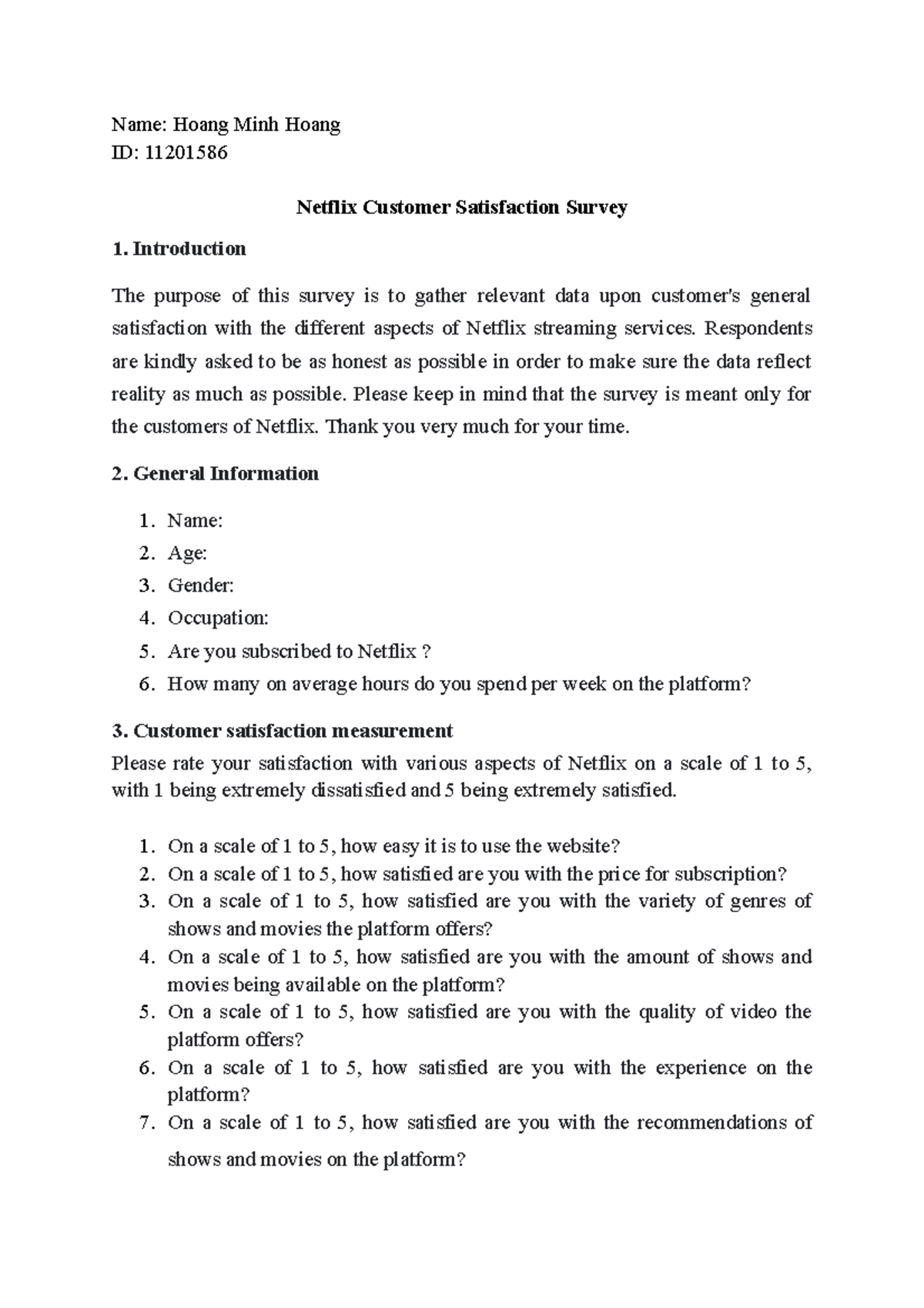 TEST 3 - Questionnaire - good - Name: Hoang Minh Hoang ID: 11201586 ...