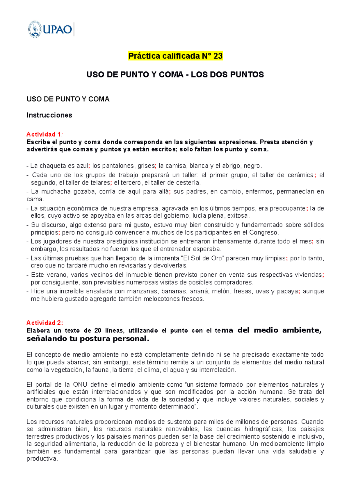 Práctica 23. Uso de coma y punto, los dos puntos - Práctica calificada N° 23 USO DE PUNTO Y COMA ...