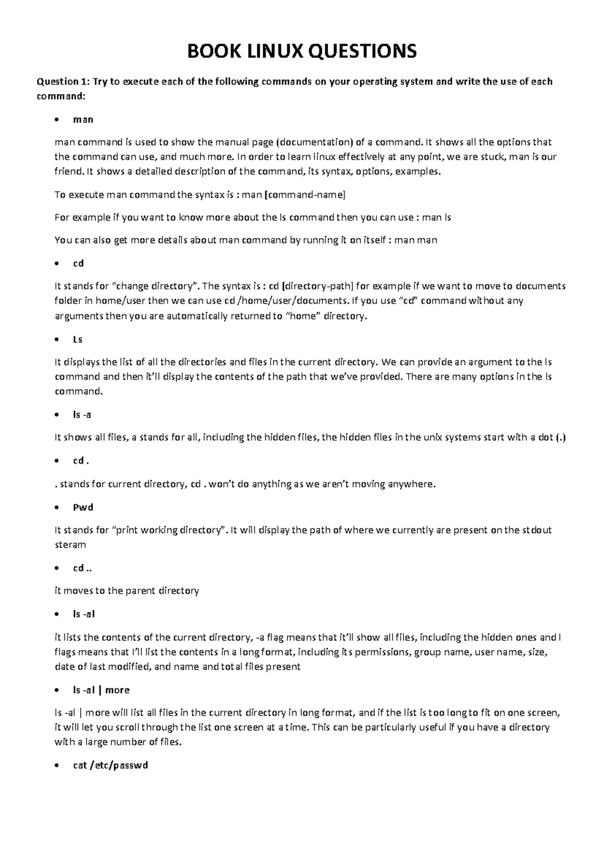 BCSL63- Linux-Questions - BOOK LINUX QUESTIONS Question 1: Try to execute each of the following ...