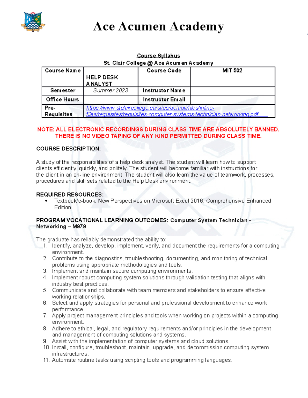 W23 Syllabus-MIT 502 - xADA - Course Syllabus St. Clair College @ Ace ...