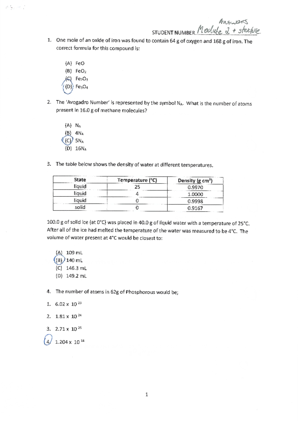 Molar mass and structure test Answers - Answers STUDENT NUMBER Module 2 ...