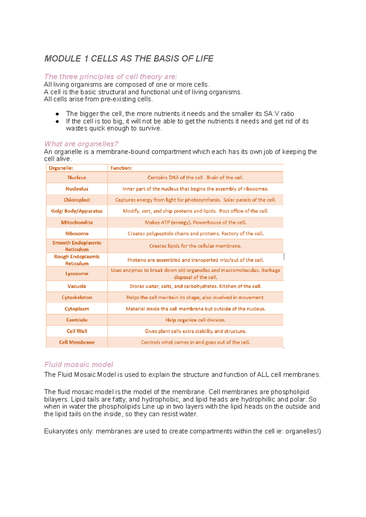 Biology notes - MODULE 1 CELLS AS THE BASIS OF LIFE The three ...