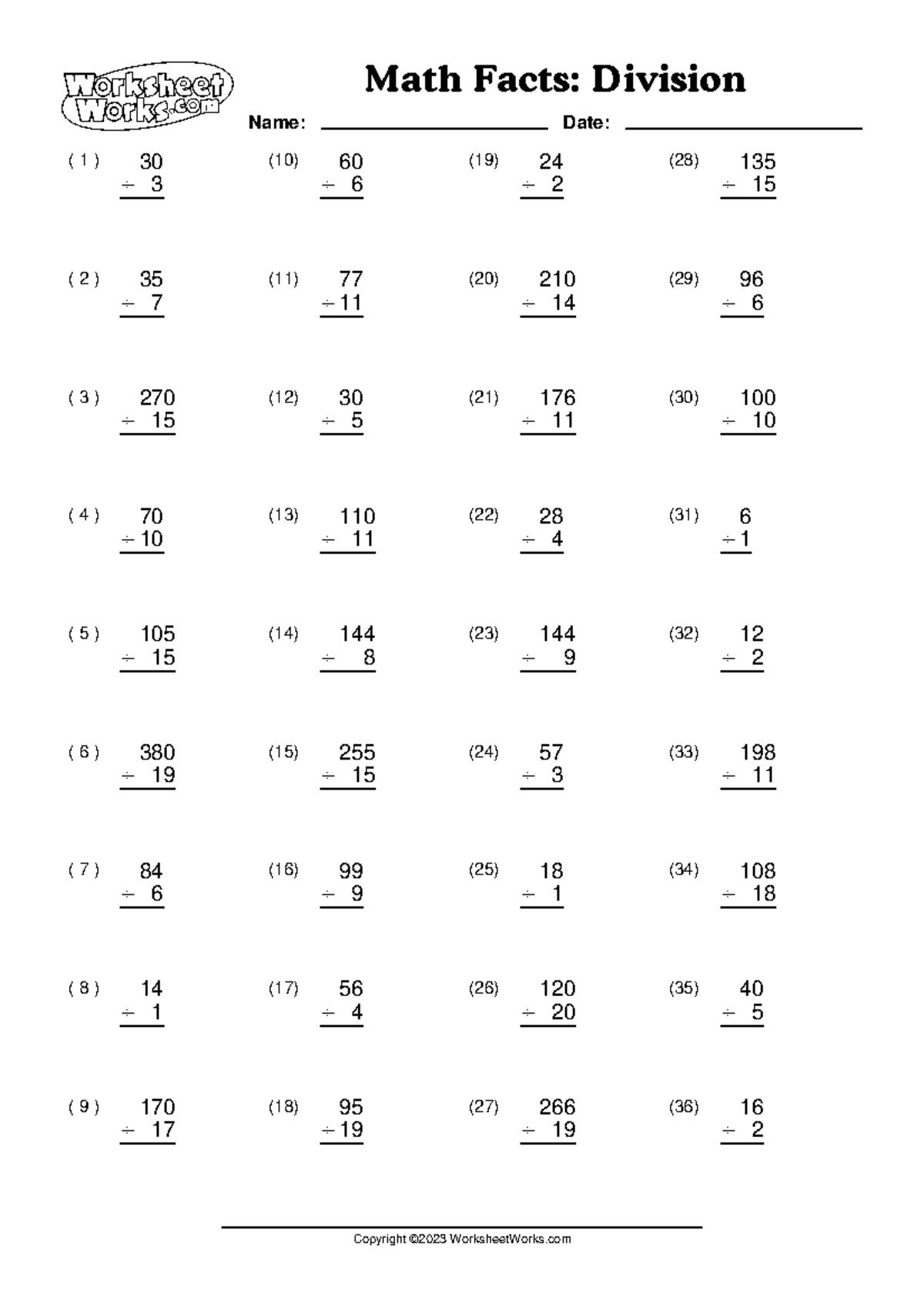 Worksheet Works Math Facts Division 1 - Math Facts: Division Name: Date ...