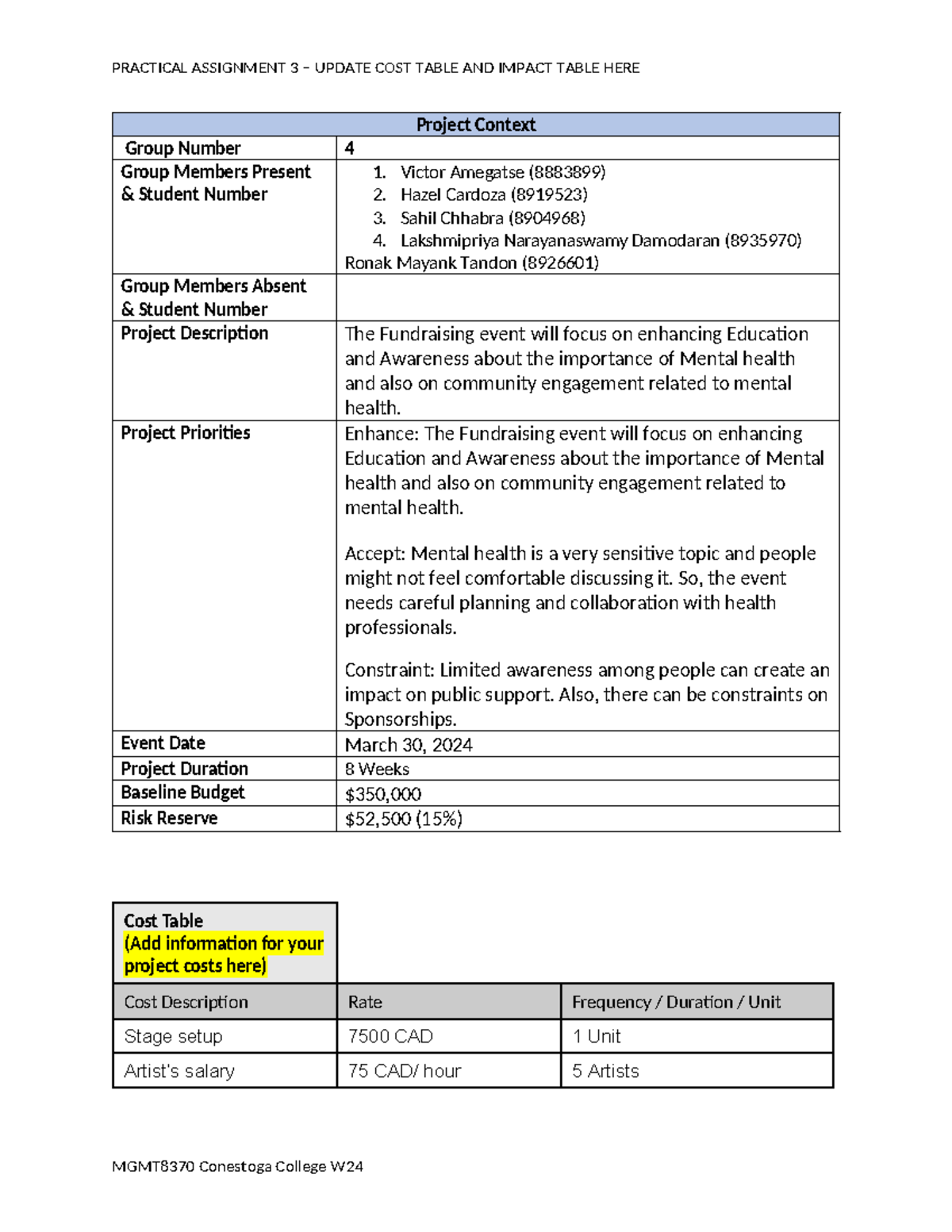 Template - PRACTICAL ASSIGNMENT 3 – UPDATE COST TABLE AND IMPACT TABLE ...