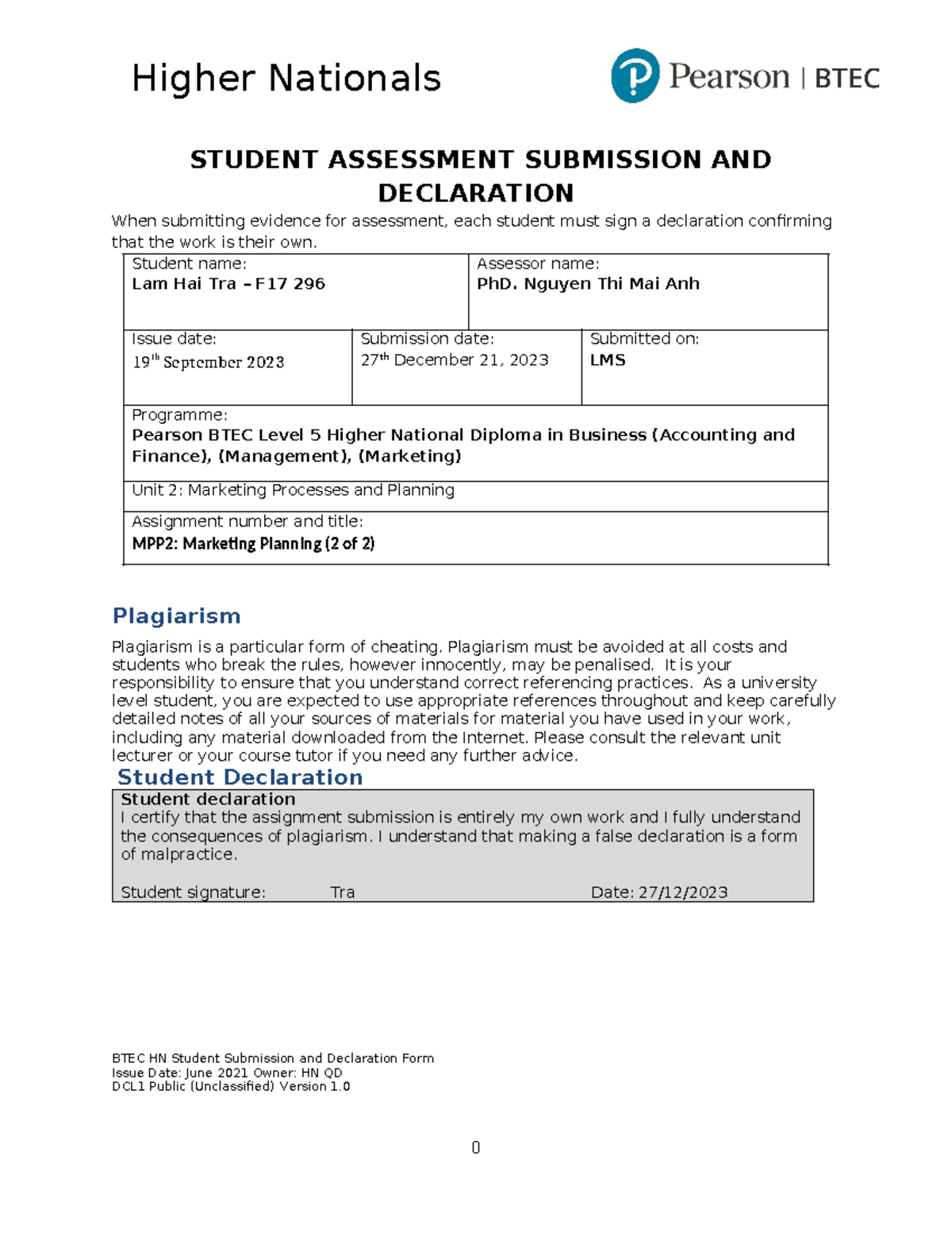 F16D Lam Hai Tra F17 296 MPP A2 - Higher Nationals STUDENT ASSESSMENT SUBMISSION AND DECLARATION ...