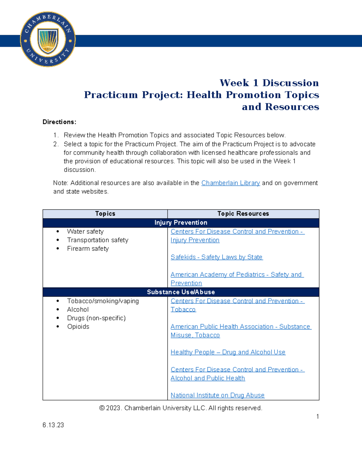 Week1 Practicum Project Health Promotion Topics and Resources - Week 1 ...