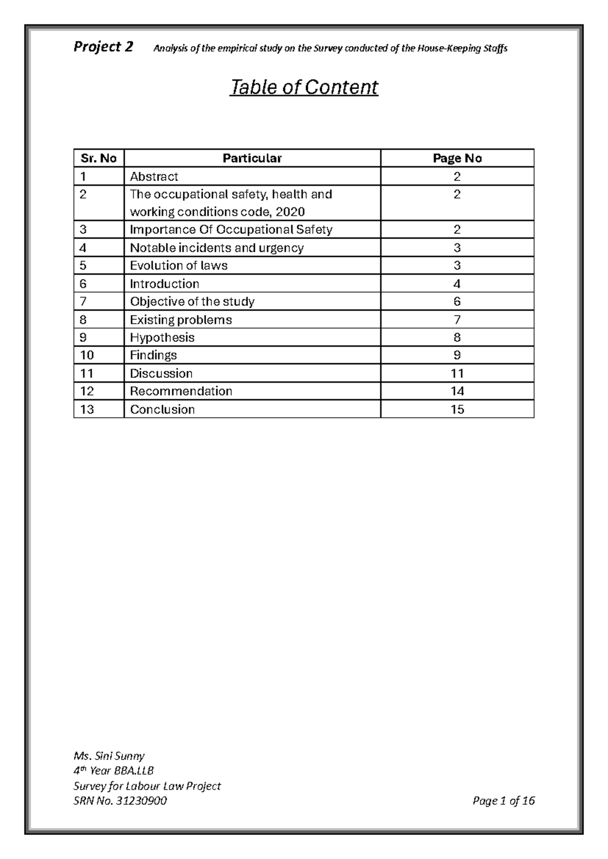 Project 2 Final - Ms. Sini Sunny 4 th Year BBA Survey for Labour Law ...