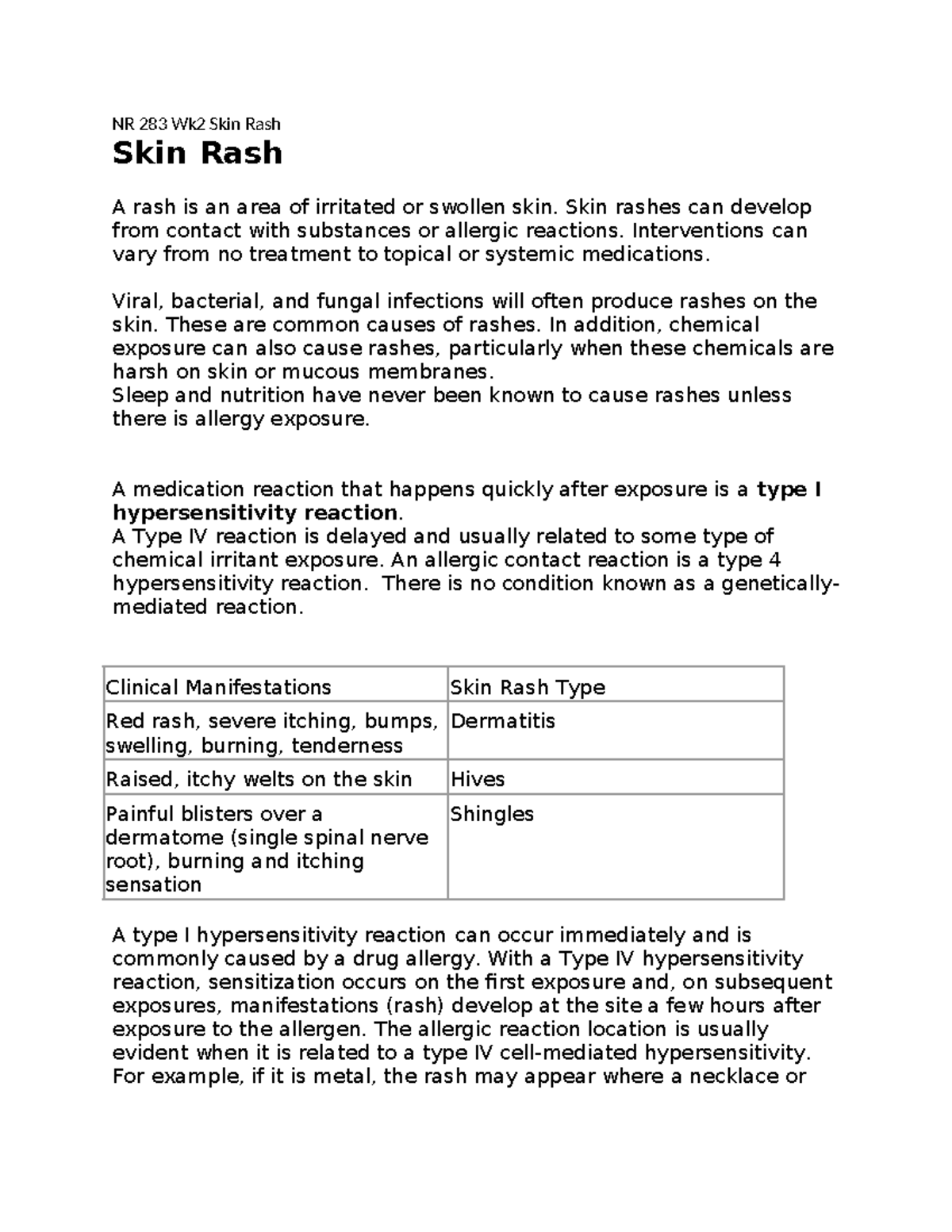 NR 283 Wk2 Skin Rash - edapt - NR 283 Wk2 Skin Rash Skin Rash A rash is ...