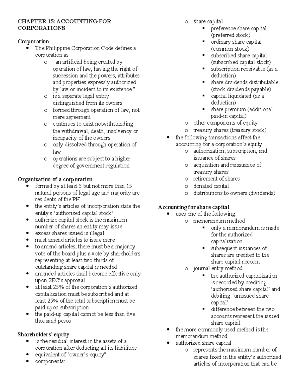 Chapter 15 Notes - CHAPTER 15: ACCOUNTING FOR CORPORATIONS Corporation ...