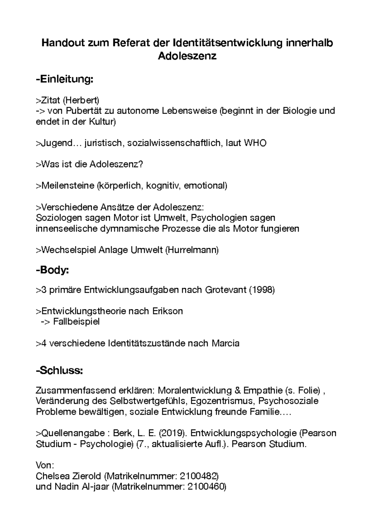 Handout Adoleszenz - Handout zum Referat der Identitätsentwicklung ...