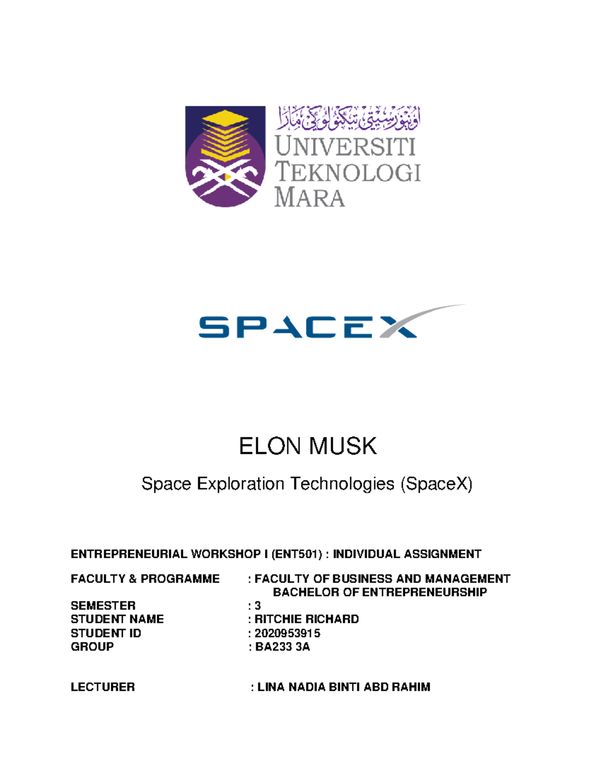 Written Report on Inspiring Entrepreneurs Individual Assignment (Elon ...