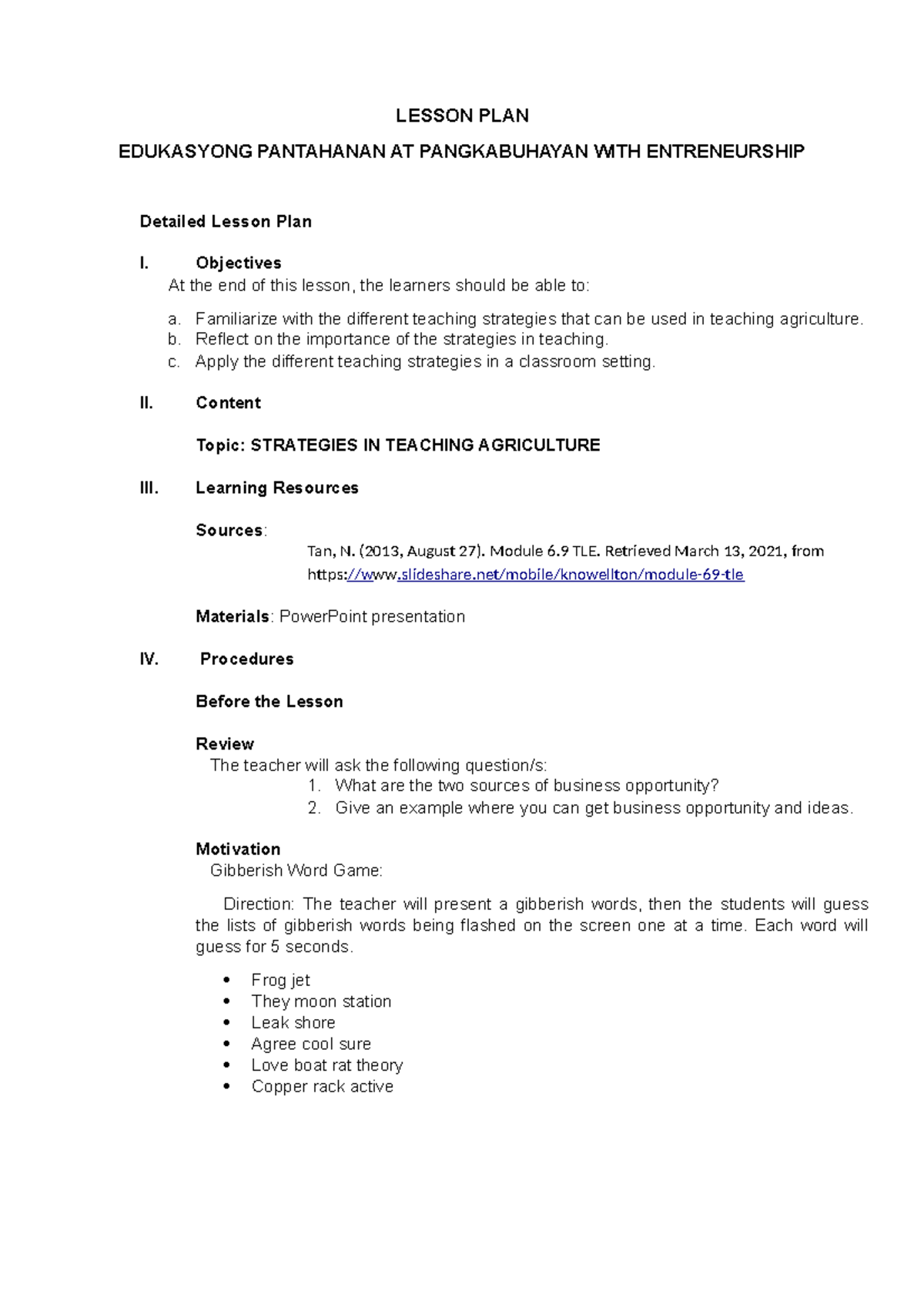 Strategies IN Teaching Agriculture - LESSON PLAN EDUKASYONG PANTAHANAN ...