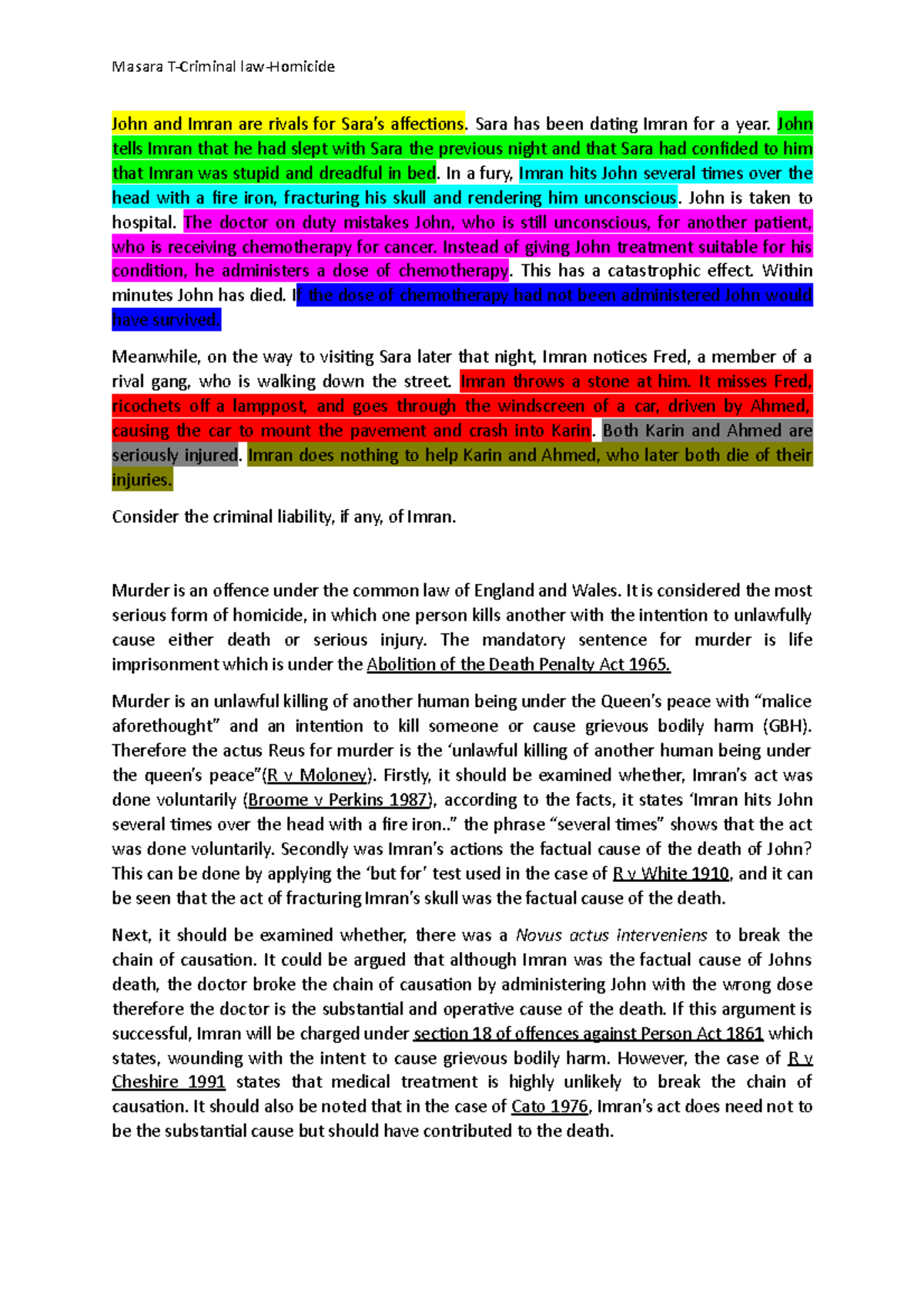 Murder sample - Masara T-Criminal law-Homicide John and Imran are ...