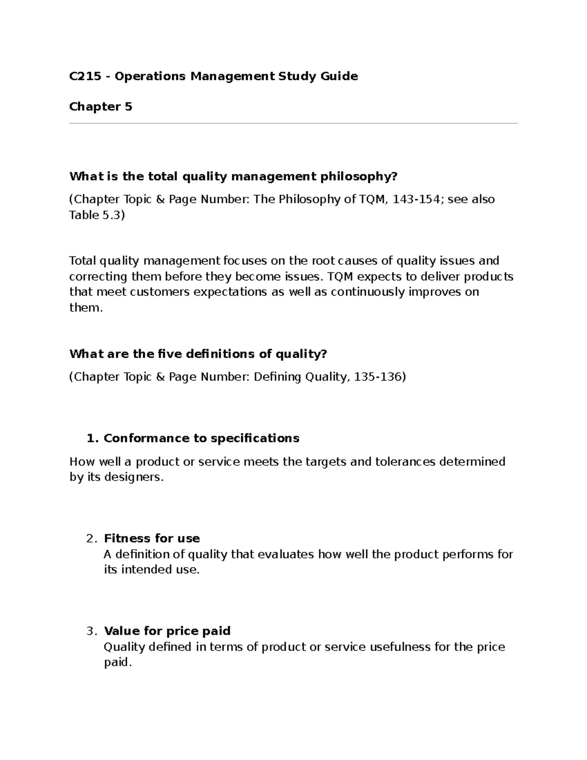 C215-Study guide - C215 - Operations Management Study Guide Chapter 5 ...