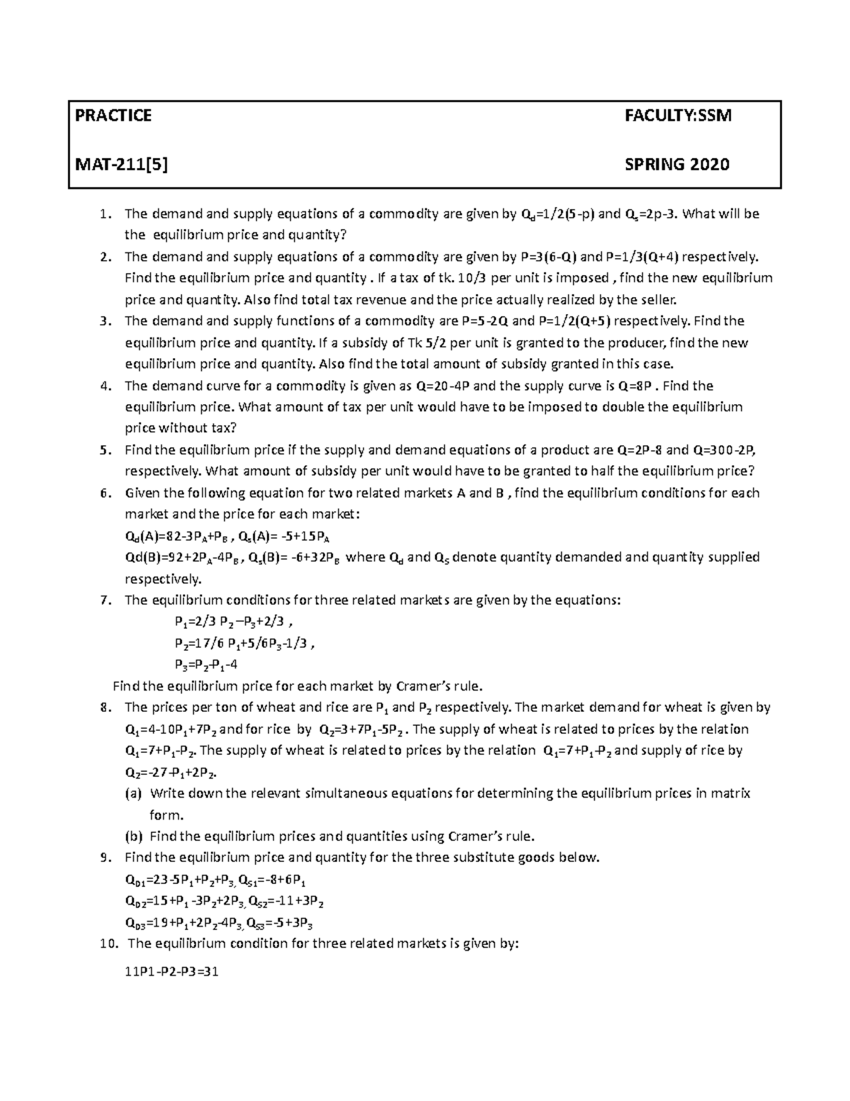 Practice Single Product Equilibrium - PRACTICE FACULTY:SSM MAT-211[5 ...