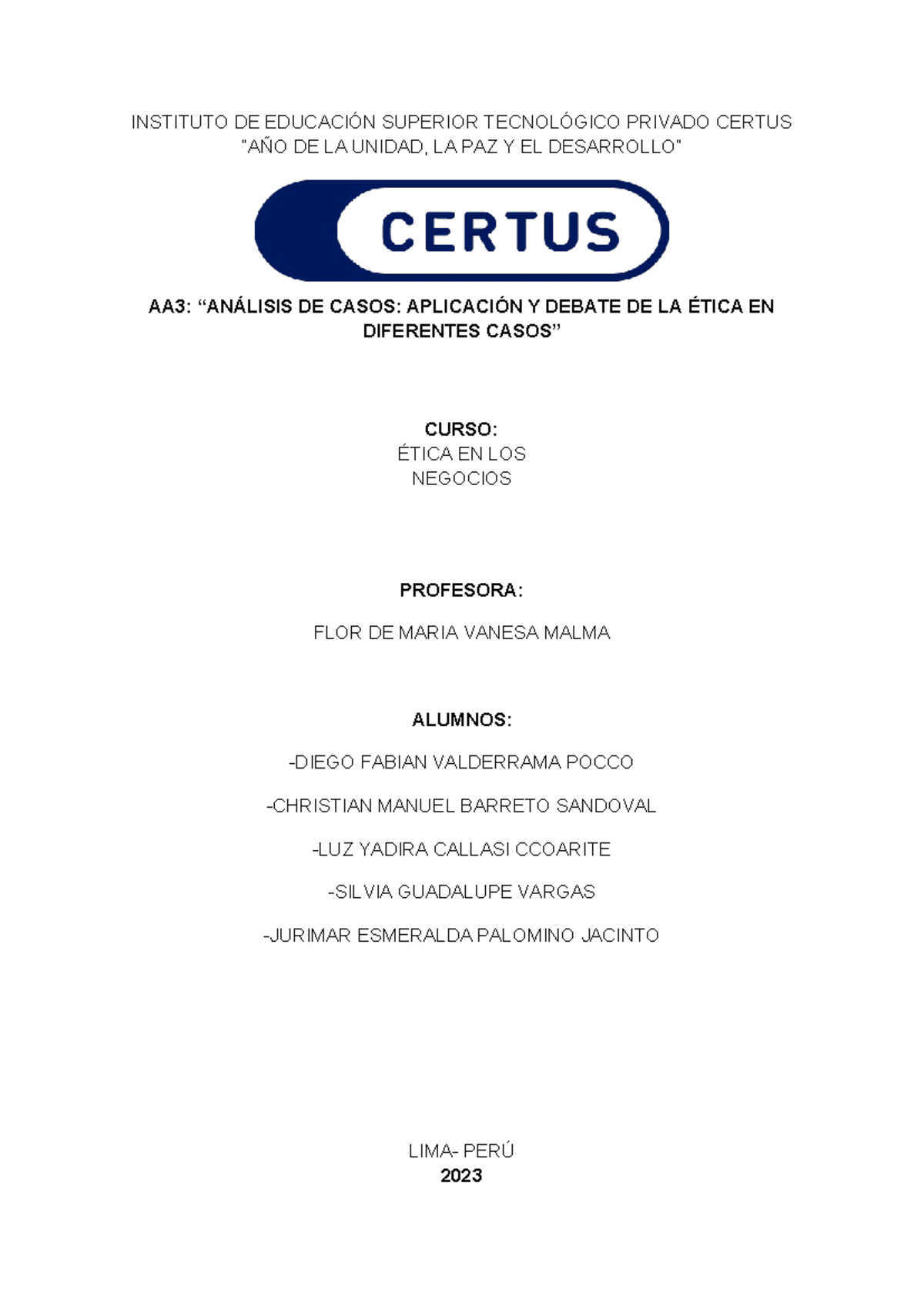 Etica AA3 -F - INSTITUTO DE EDUCACIÓN SUPERIOR TECNOLÓGICO PRIVADO ...