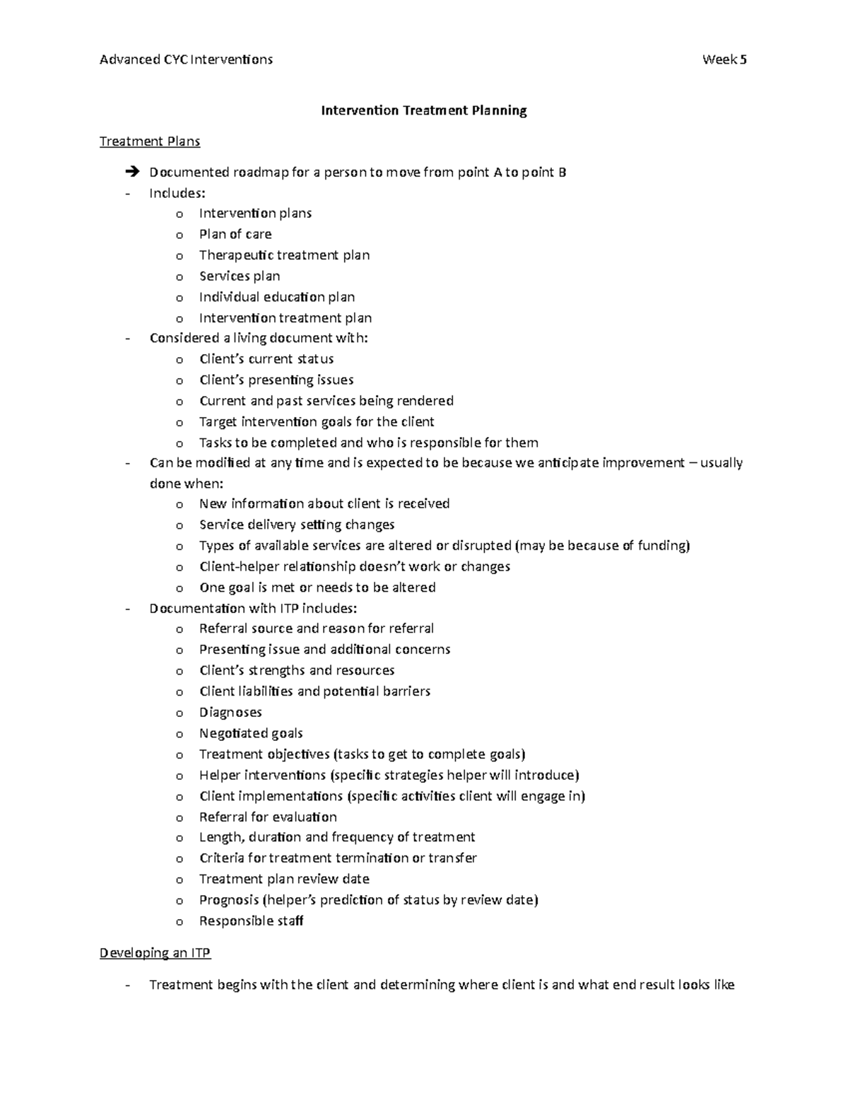 Advanced CYC Interventions - Intervention Treatment Planning - Week 5 ...