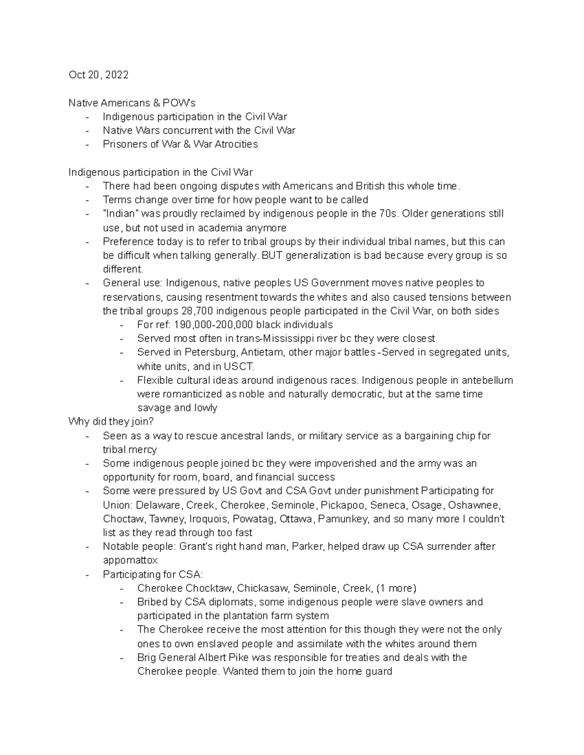 Hist 348 Notes 11 - Oct 20, 2022 Native Americans & POW’s - Indigenous ...