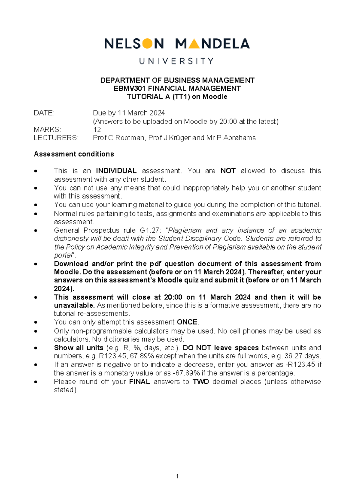 2024 EBMV301 Tutorial A questions - DEPARTMENT OF BUSINESS MANAGEMENT ...