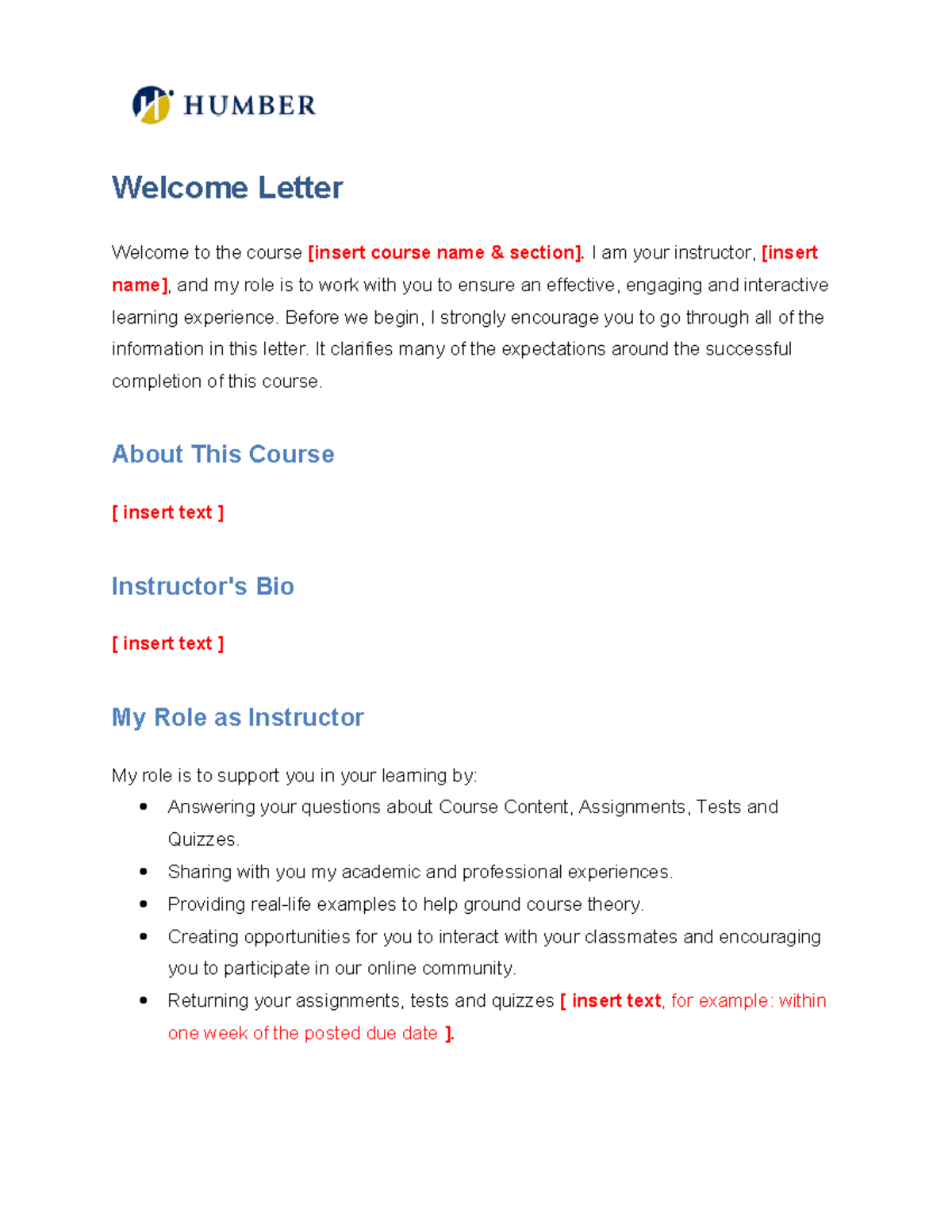 Welcome Letter Template - Welcome Letter Welcome to the course [insert ...