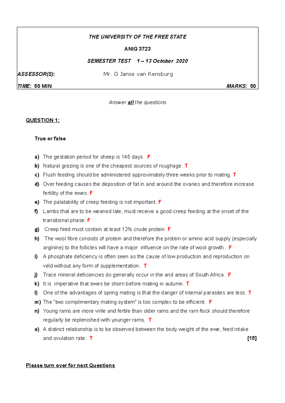 ANIG3723 Test 1 - 2020 MEMO - THE UNIVERSITY OF THE FREE STATE ANIG ...