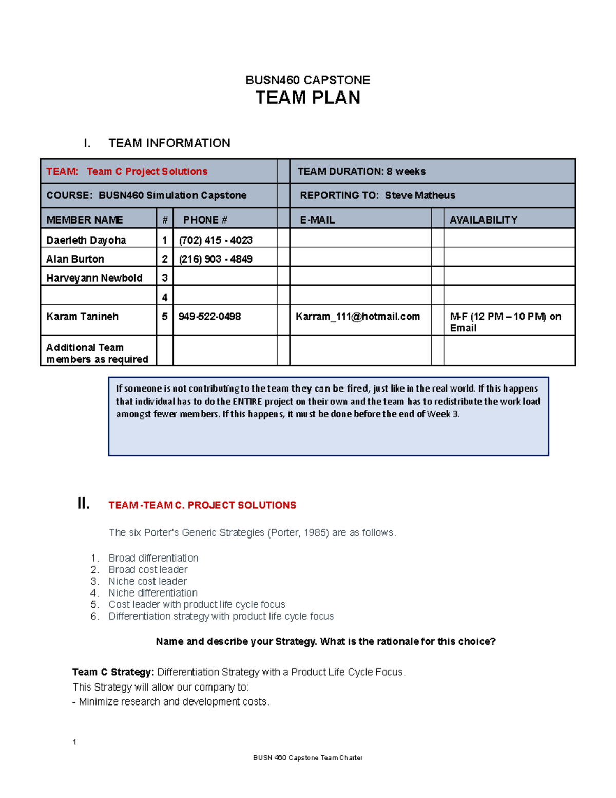 BUSN 460 Team B Charter - BUSN460 CAPSTONE TEAM PLAN I. TEAM ...