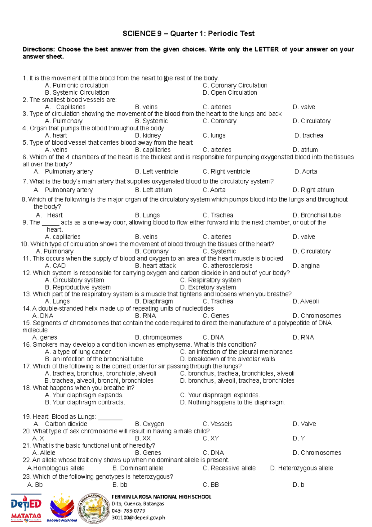 Q1-Periodic-test - Examination - SCIENCE 9 – Quarter 1: Periodic Test ...