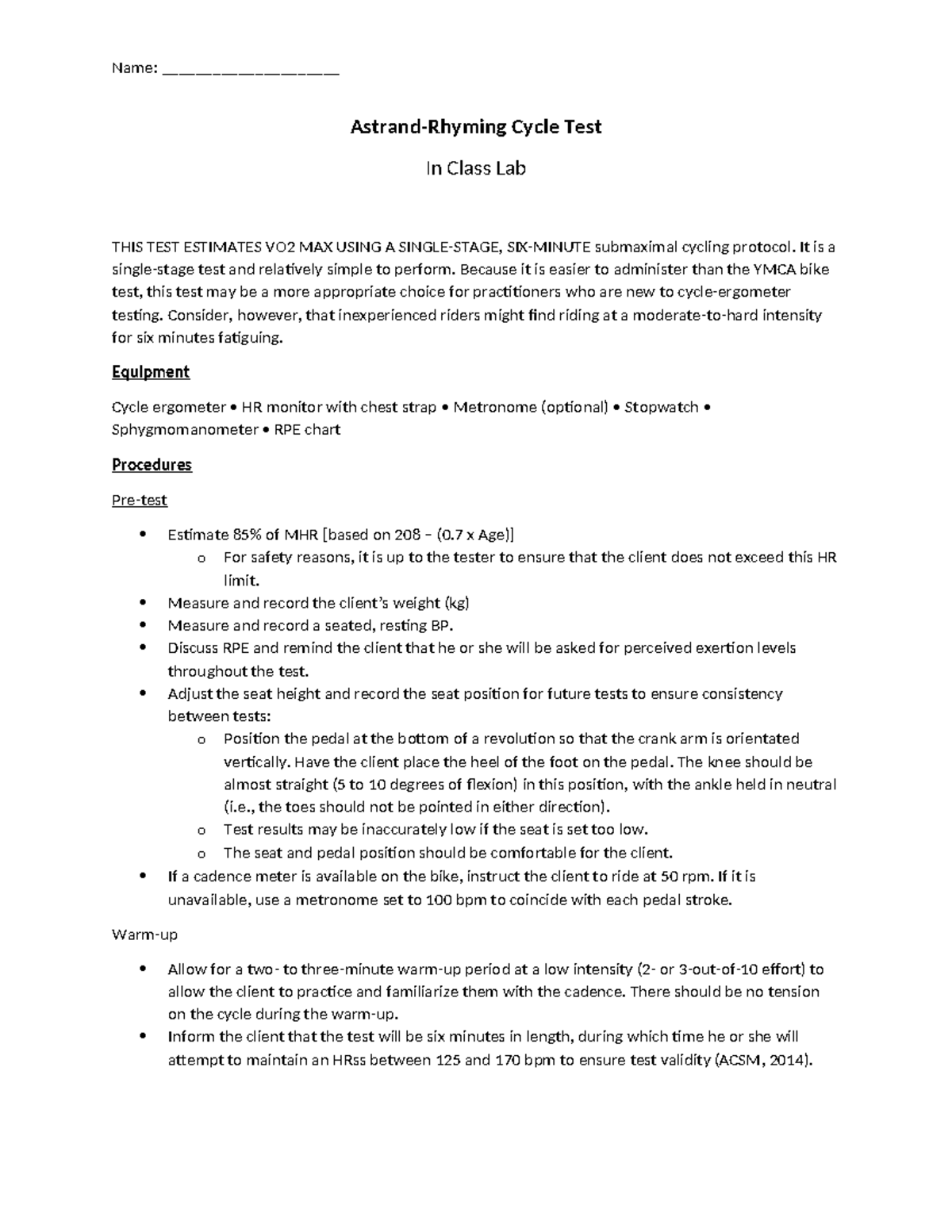 Astrand Cycletest - Astrand-Rhyming Cycle Test In Class Lab THIS TEST ...