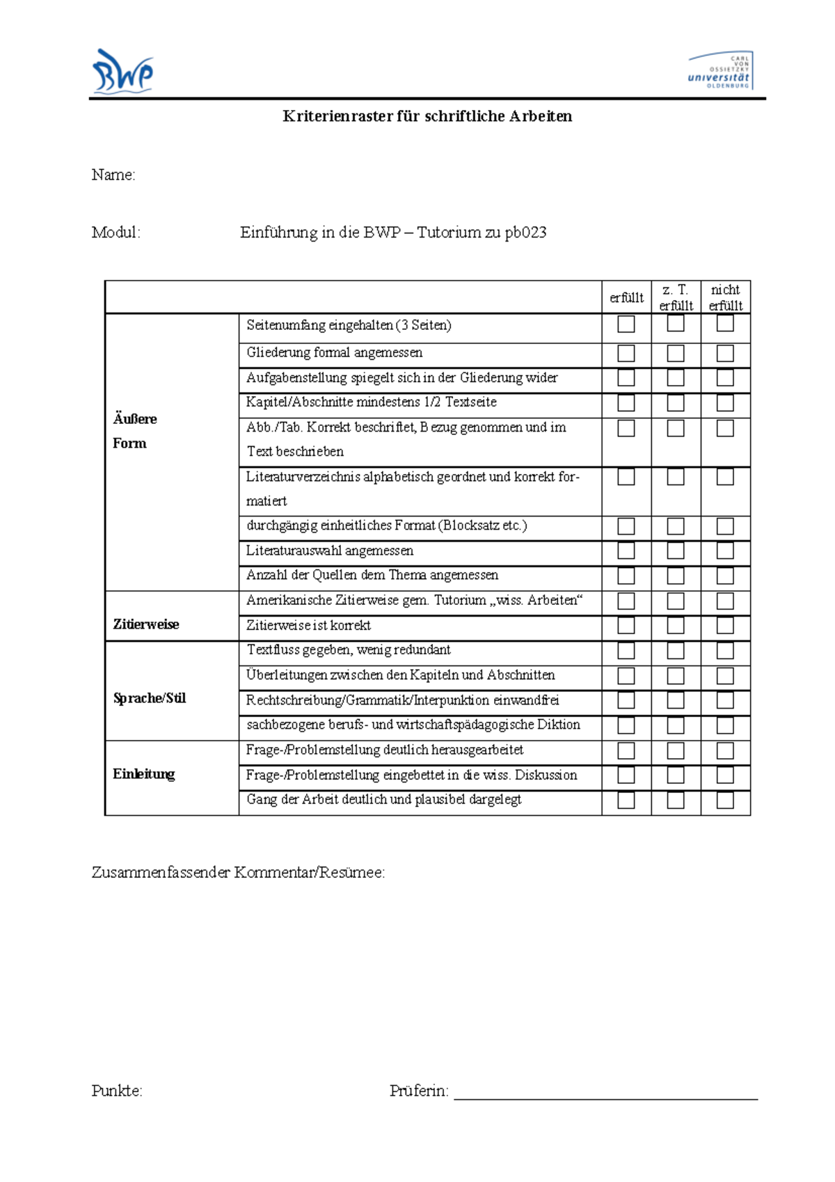 Kriterienraster pb023 - Kriterienraster für schriftliche Arbeiten Name ...