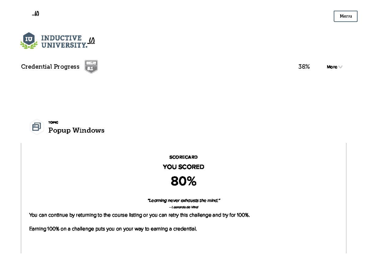 Challenge Popup Windows - Credential Progress 38% More SCORECARD YOU ...