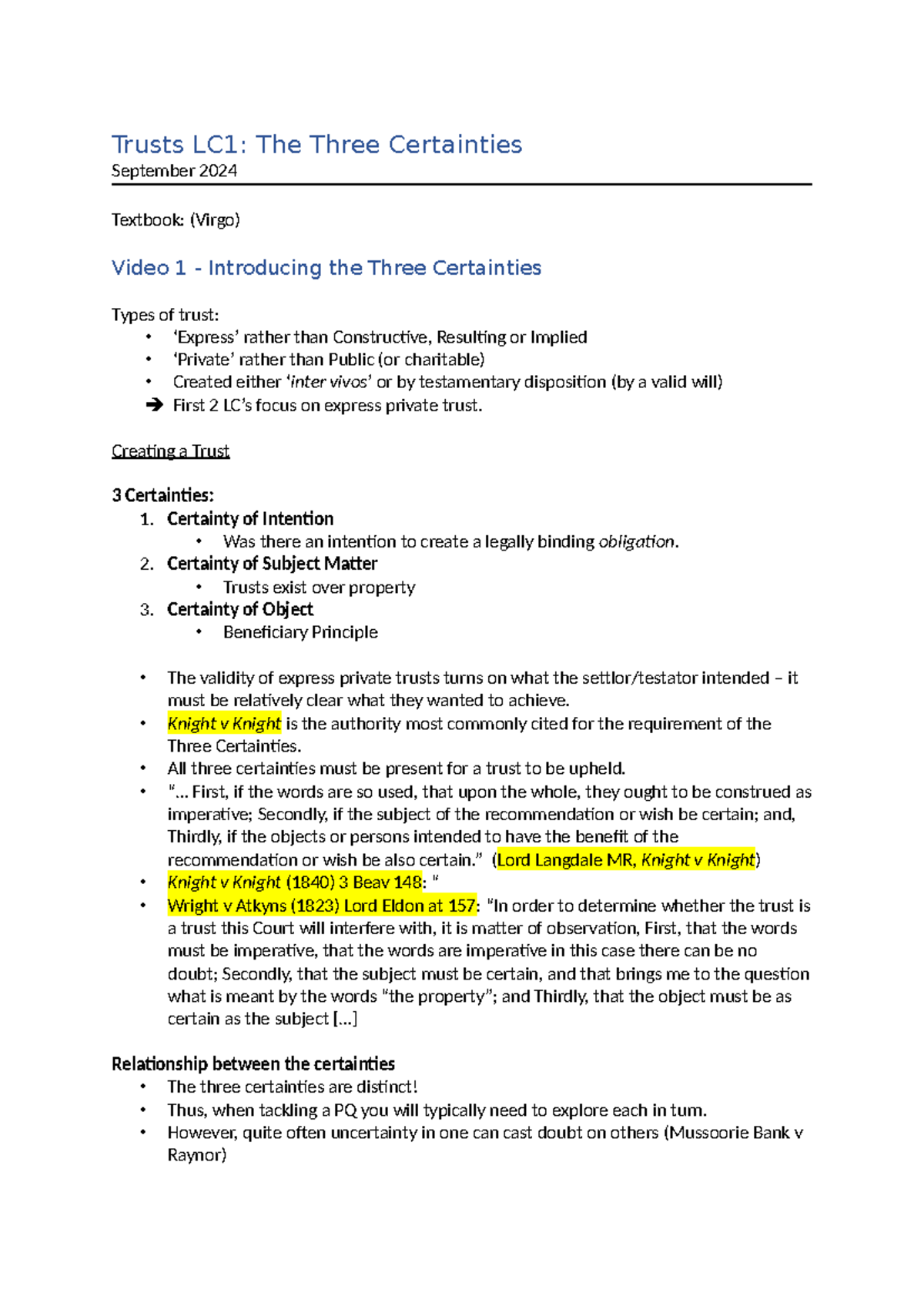 3 certainties (LC1) - Trusts LC1: The Three Certainties September 2024 Textbook: (Virgo) Video 1 ...