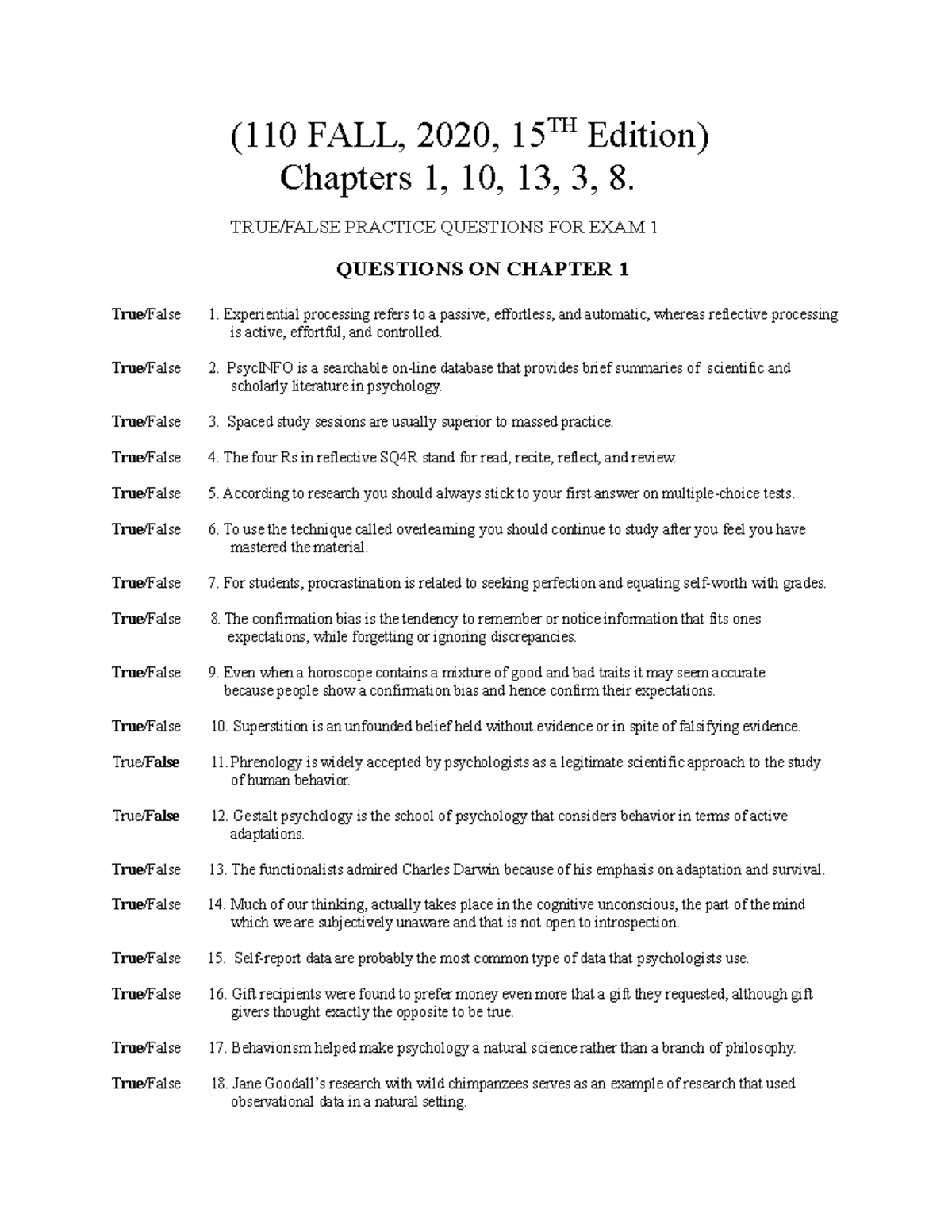 PSY 110 Textbook Practice EXAM 1 - (110 FALL, 2020, 15 TH Edition ...