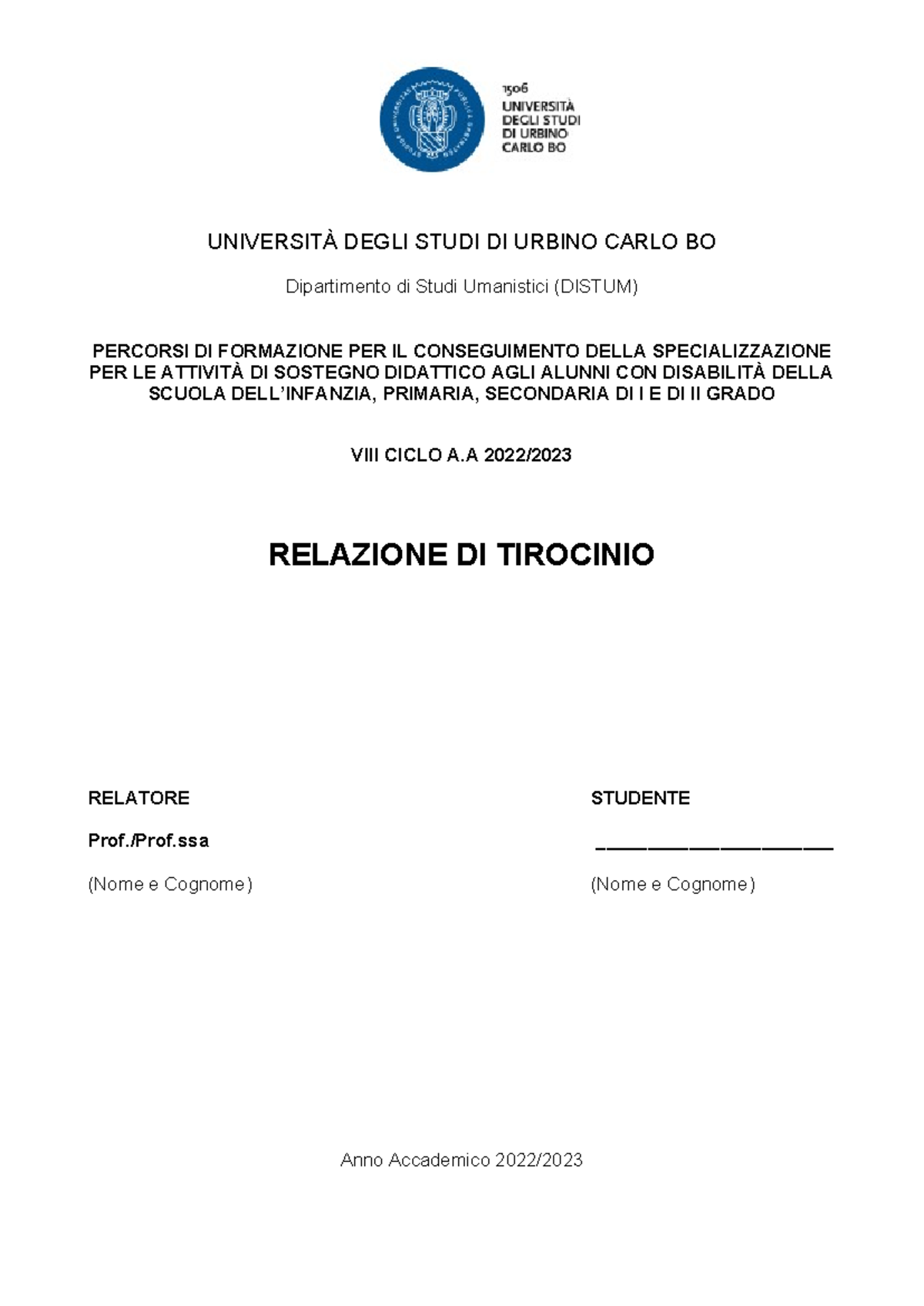 Frontespizio relazione 22 23 - tfa sostegno - UNIVERSITÀ DEGLI STUDI DI ...