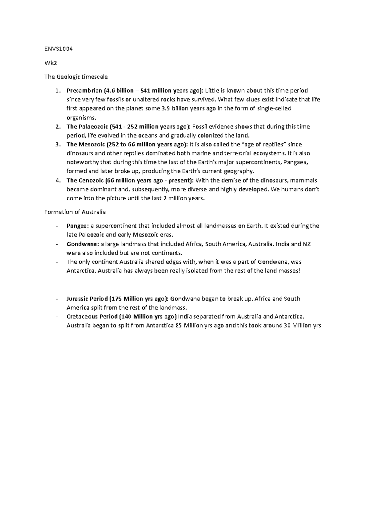 ENVS1004 Week 2 notes - ENVS Wk The Geologic timescale Precambrian (4 ...