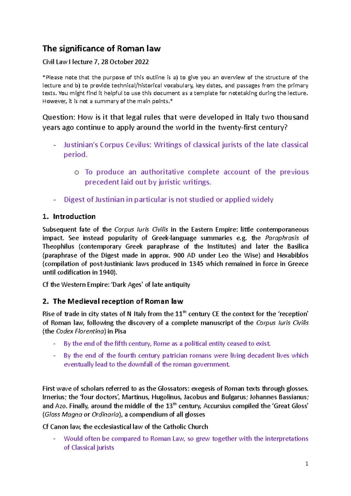 Civil Law I lecture 8 - the significance of Roman law (1 November 2022 ...
