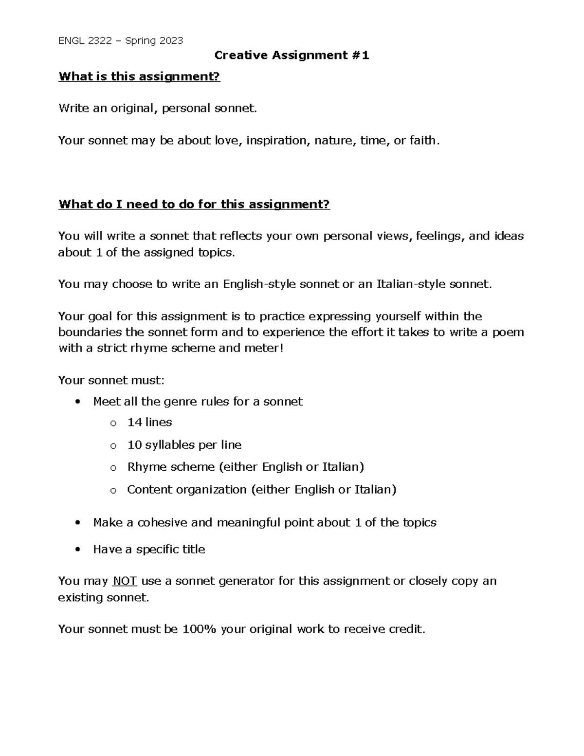 2322 S23 CA 1 - assignment - ENGL 2322 – Spring 2023 Creative ...