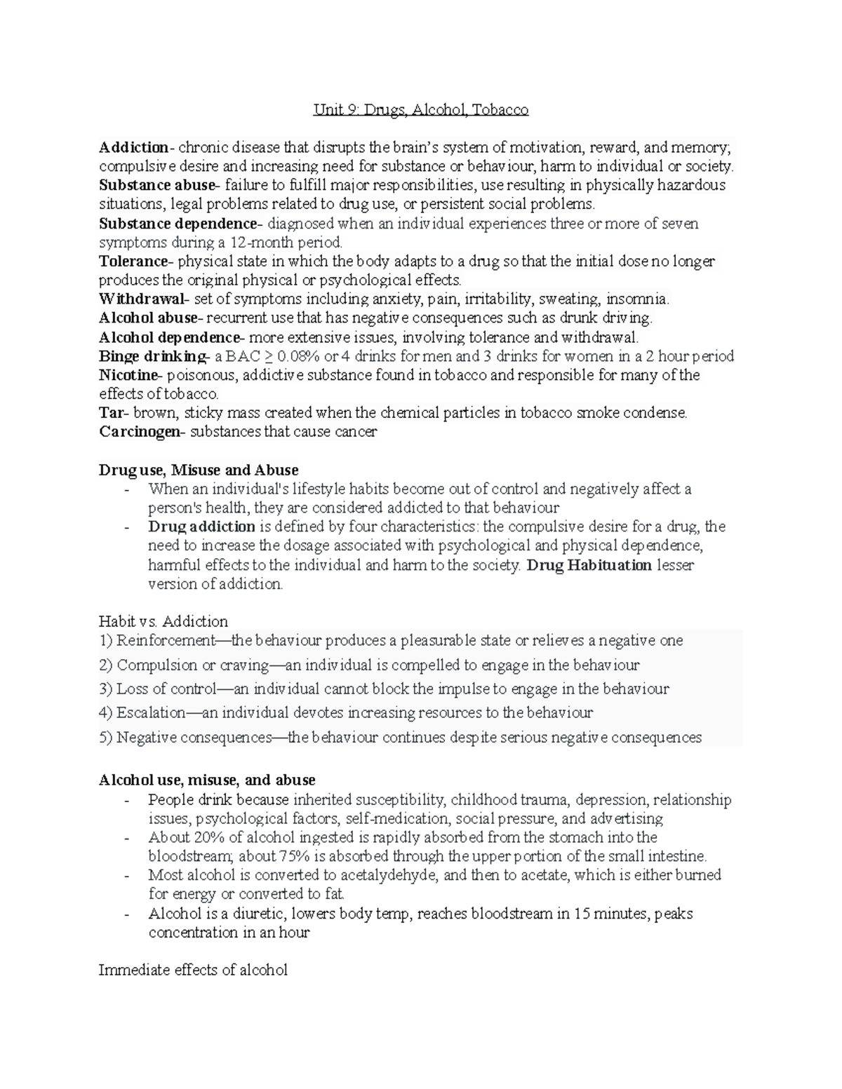 Unit 9- Drugs, alcohol and tobacco - Unit 9: Drugs, Alcohol, Tobacco ...