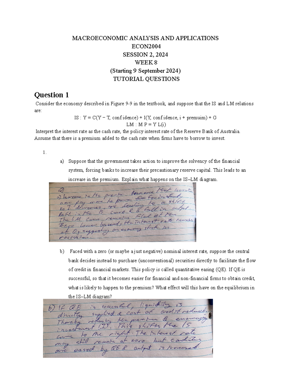 Week 8 group work - MACROECONOMIC ANALYSIS AND APPLICATIONS ECON SESSION 2, 2024 WEEK 8 ...