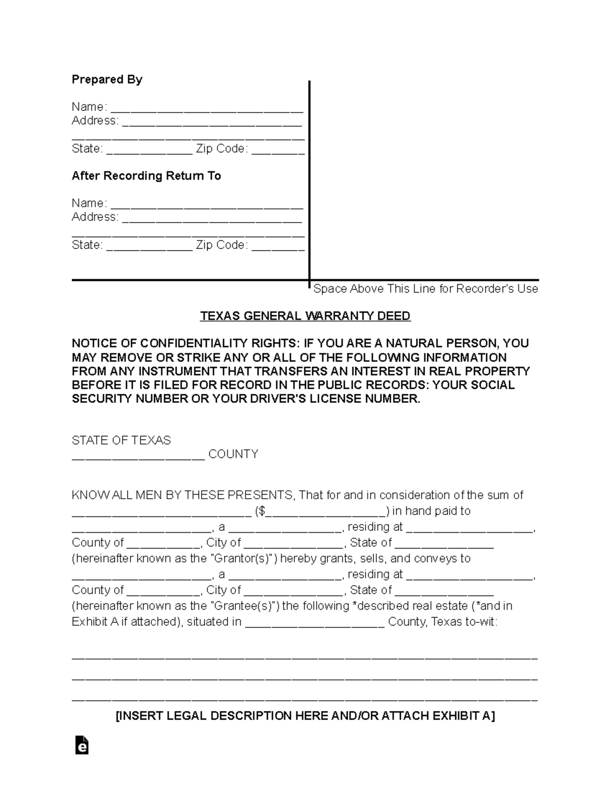Texas General Warranty Deed Form - Prepared By Name ...