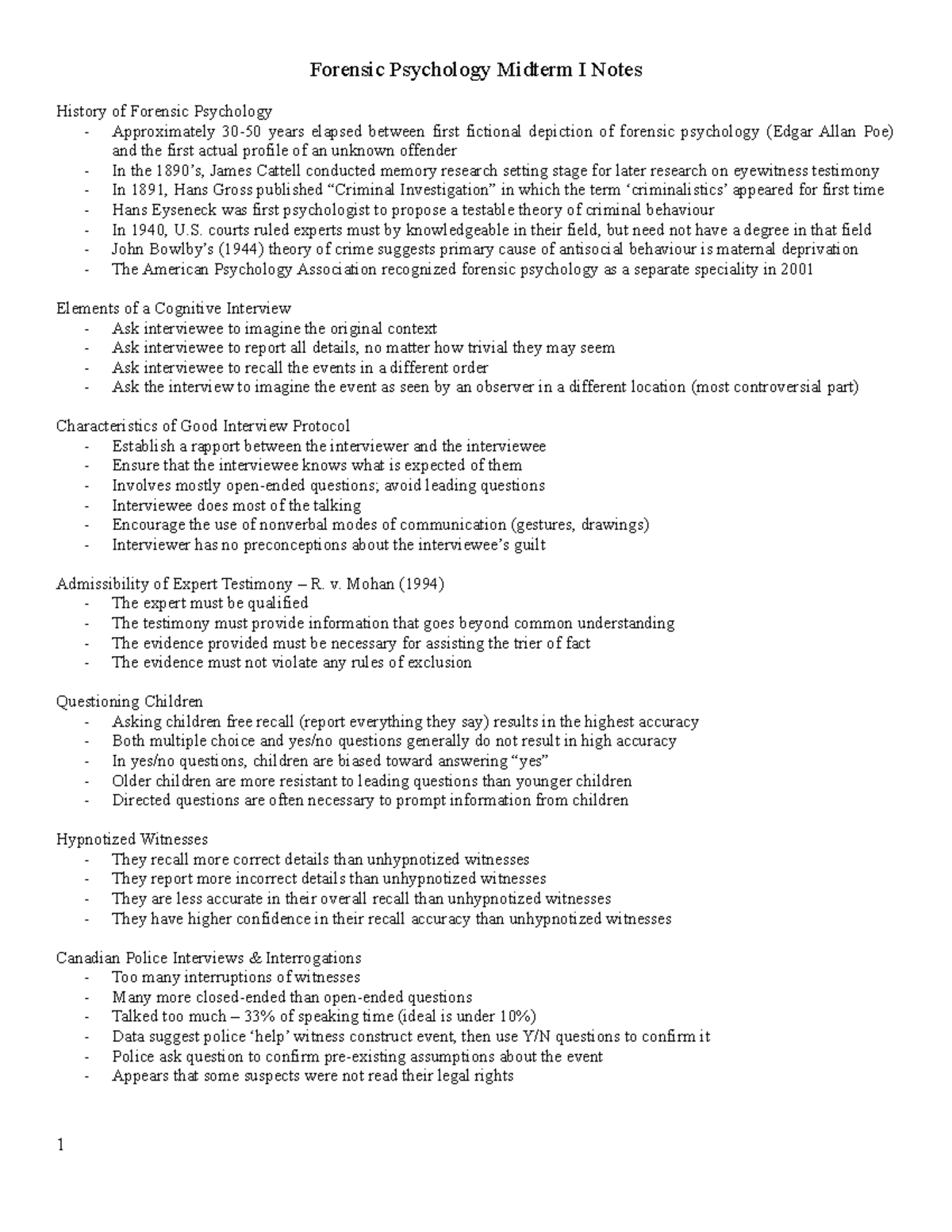 Forensic Psychology Midterm I Notes - Forensic Psychology Midterm I ...