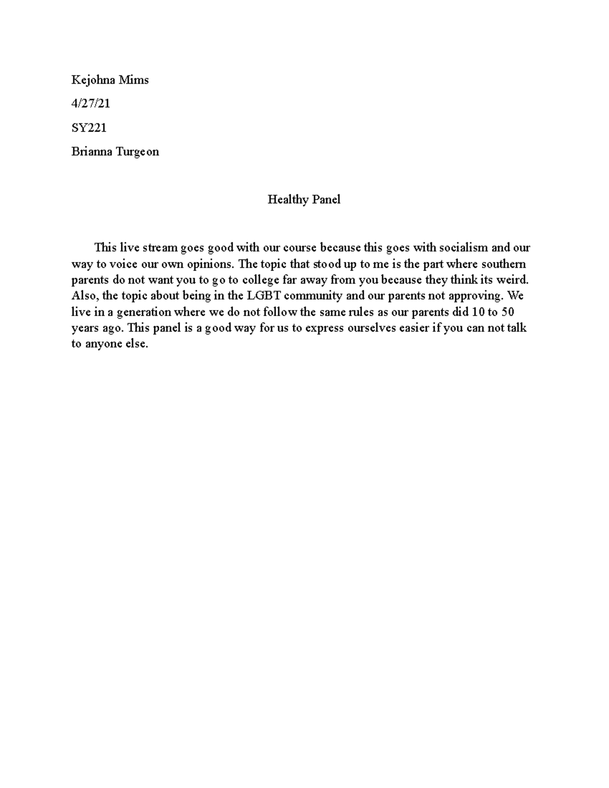 Healthy Panel - N/A - Kejohna Mims 4/27/ SY Brianna Turgeon Healthy ...