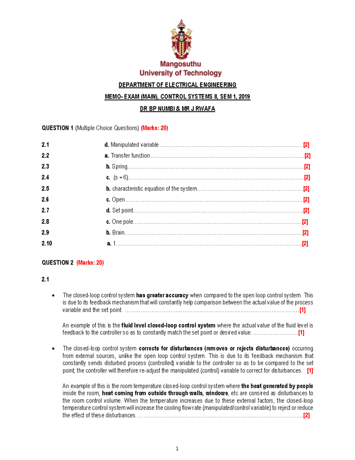 MEMO-MAIN EXAM-SEM1-2019-Control Systems 2 - DEPARTMENT OF ELECTRICAL ...