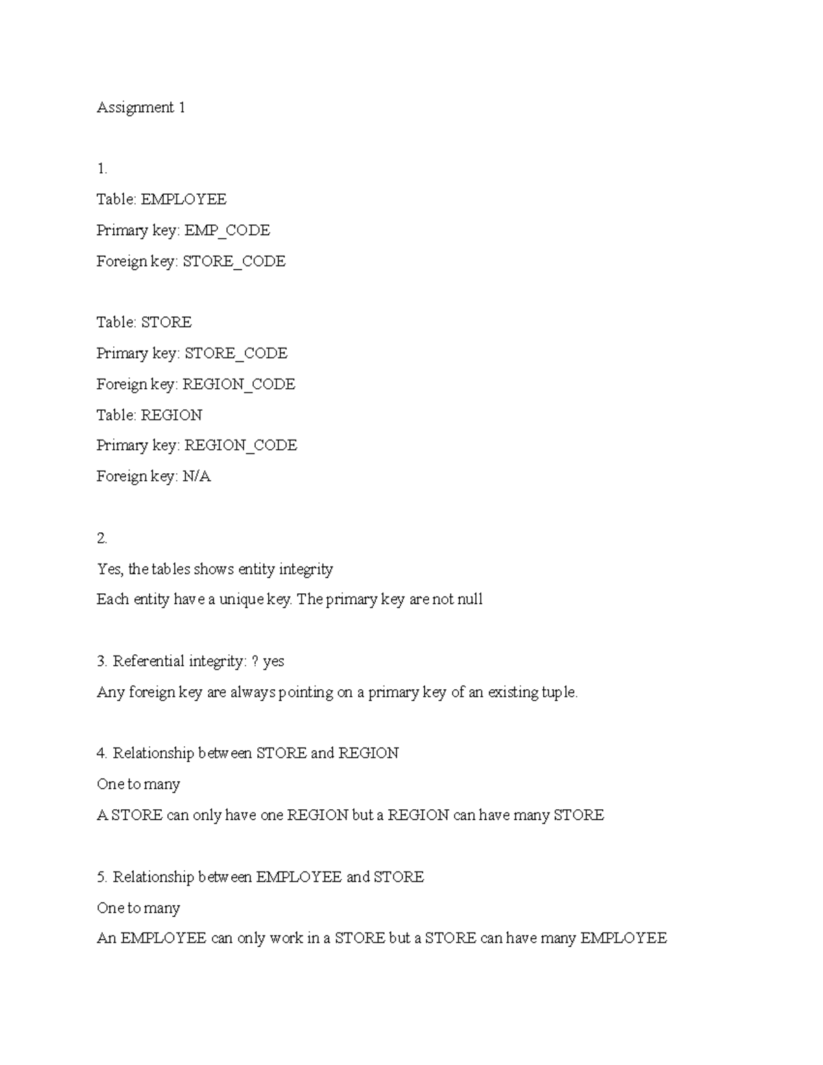 Assignment 1 draft - Assignment 1 Table: EMPLOYEE Primary key: EMP_CODE ...